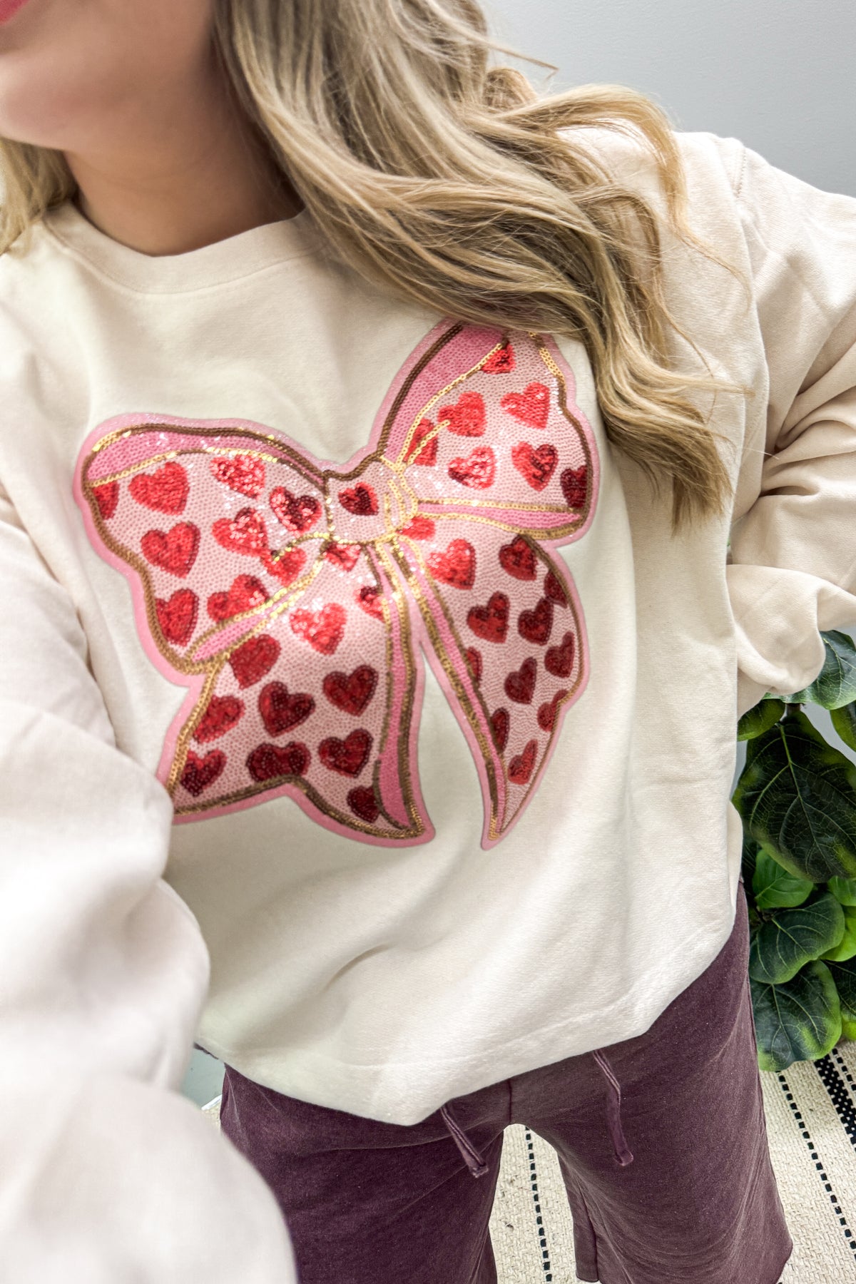 Heart Bow Sequin Patch Sweatshirt, Sand | Sew Southern Designs