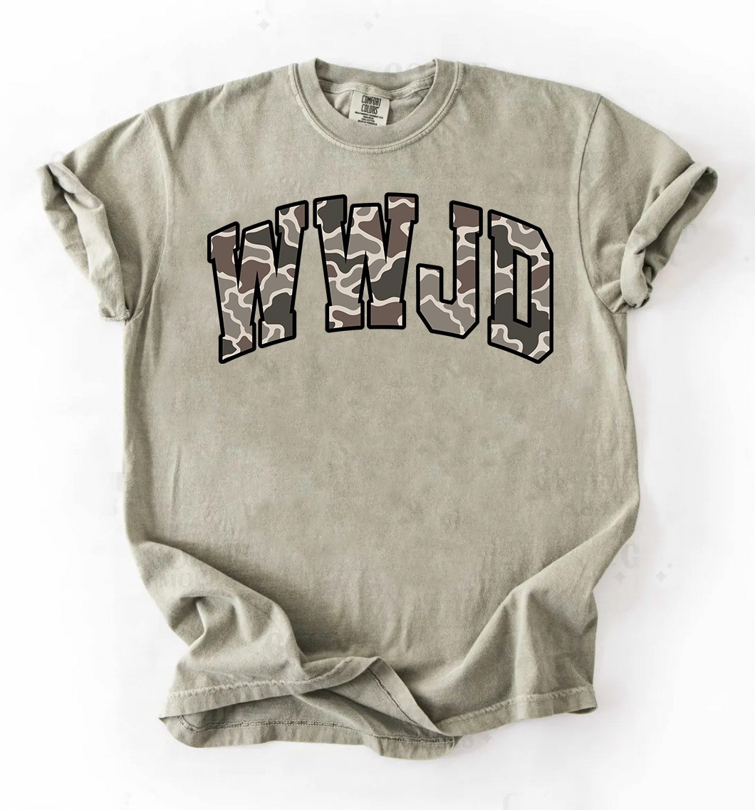 PREORDER: WWJD Camo Graphic Tee, Sandstone | Sew Southern Designs